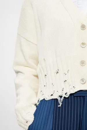 Marni Cropped Distressed Knitted Cardigan - White