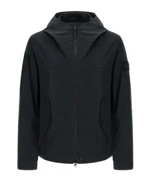 Stone Island Logo Patch Zip-up Hooded Jacket - Black
