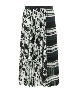 Sacai Pleated Floral And Striped Midi Skirt