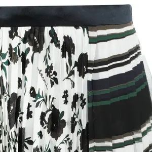 Sacai Pleated Floral And Striped Midi Skirt