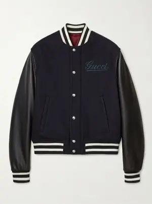 Gucci Leather Varsity Jacket - Navy Blue/black