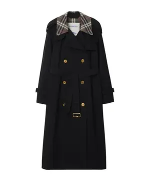 Burberry Long Check Collar Trench Coat - Black
