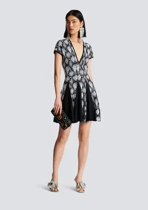Balmain Snakeskin Jacquard V-neck Short Sleeve Dress
