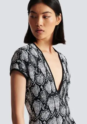 Balmain Snakeskin Jacquard V-neck Short Sleeve Dress
