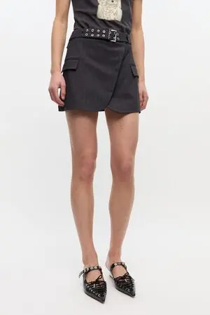 GANNI Pinstriped Mini Skirt With Belted Waist - Phantom Black