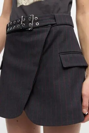 GANNI Pinstriped Mini Skirt With Belted Waist - Phantom Black
