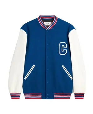 Celine Varsity Jacket In Textured Wool With Contrast Trim - Blue