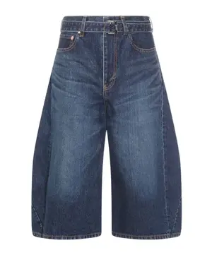 Sacai Belted Cropped Wide-leg Denim Shorts - Blue