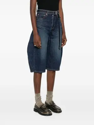 Sacai Belted Cropped Wide-leg Denim Shorts - Blue