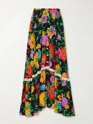 Gucci Floral Printed Crepe Skirt - Black