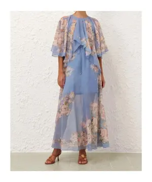 Zimmermann Teal Blue Botanical Floral Tiered Maxi Dress