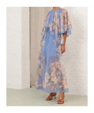Zimmermann Teal Blue Botanical Floral Tiered Maxi Dress