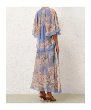Zimmermann Teal Blue Botanical Floral Tiered Maxi Dress