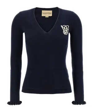 Valentino Garavani V-neck Wool Sweater With Embroidered Logo And Pockets
