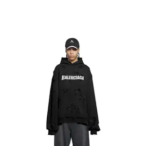 Balenciaga Destroyed Velvet Hoodie - Black
