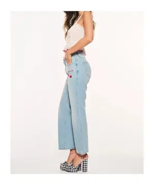 LoveShackFancy Embroidered Light Wash Denim Jeans