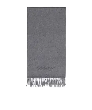 Saint Laurent Logo Embroidered Fringed Scarf - Graphite