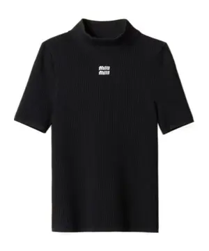 Miu Miu Logo Pattern Ribbed Knit Turtleneck - Black