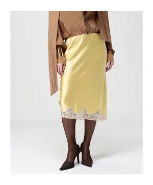 Saint Laurent Lace Trim Satin Midi Skirt - Yellow