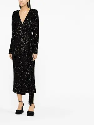 ROTATE BY BIRGER CHRISTENSEN Sequined V-neck Long-sleeve Maxi Dress