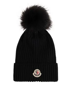Moncler Logo Patch Pom Pom Beanie - Black