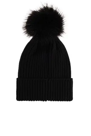 Moncler Logo Patch Pom Pom Beanie - Black
