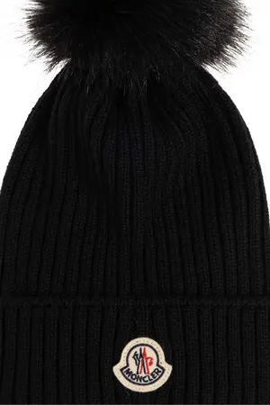 Moncler Logo Patch Pom Pom Beanie - Black