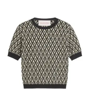 Valentino Garavani Jacquard Crewneck Jumper With Short Sleeves - Crema/black