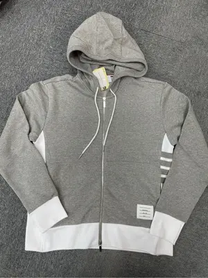 Thom Browne Zip-up Hoodie With Striped Details - Light Gray