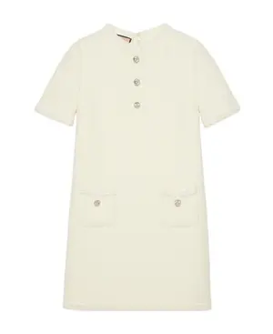 Gucci Short-sleeved Wool Tweed Dress With Interlocking G Button Detail - Ivory White