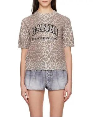 GANNI Leopard Print Crewneck T-shirt With "have A Nice Day!" Embroidery - Leopard Color