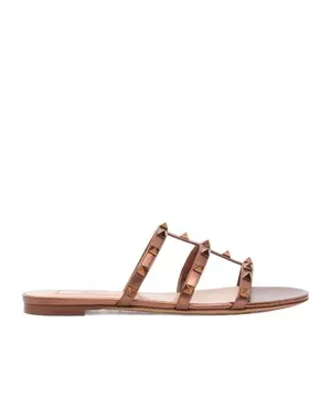 Valentino Garavani Rockstud Flat Metallic Nappa Slide Sandal - Brown