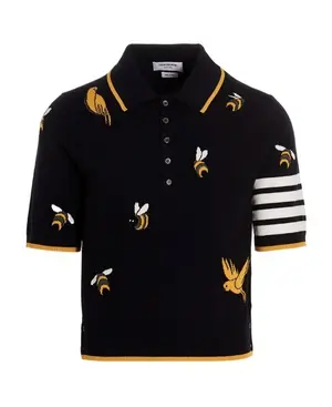 Thom Browne 4-bar Birds Bee Intarsia-knitted Polo Shirt - Navy Blue