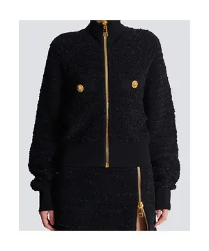 Balmain Tweed Bomber Jacket With Lion Head Buttons - Black