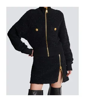 Balmain Tweed Bomber Jacket With Lion Head Buttons - Black