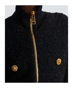 Balmain Tweed Bomber Jacket With Lion Head Buttons - Black