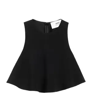 AMI Paris Cropped Sleeveless Flared Top With Lotus Leaf Hem - Black