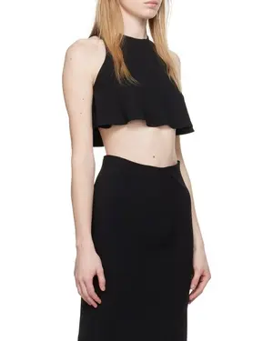 AMI Paris Cropped Sleeveless Flared Top With Lotus Leaf Hem - Black