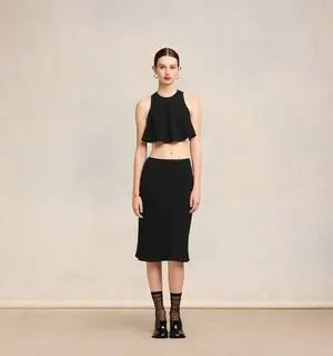AMI Paris Cropped Sleeveless Flared Top With Lotus Leaf Hem - Black