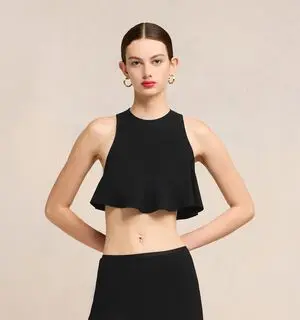 AMI Paris Cropped Sleeveless Flared Top With Lotus Leaf Hem - Black