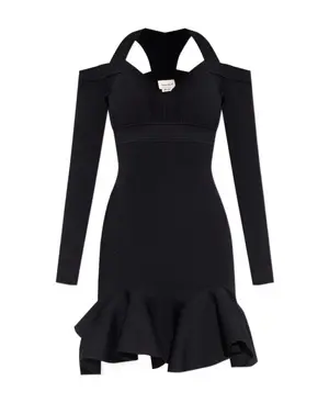 Alexander McQueen Rib Knit Ruffle Detailed Flared Mini Dress