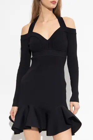 Alexander McQueen Rib Knit Ruffle Detailed Flared Mini Dress