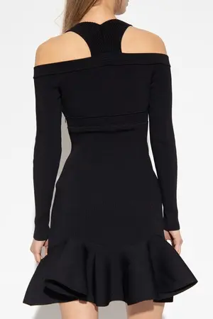 Alexander McQueen Rib Knit Ruffle Detailed Flared Mini Dress