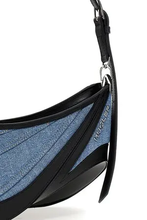 MUGLER Logo Plaque Denim Shoulder Bag - Black