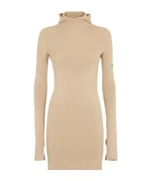 Fendi Long Sleeved Hooded Ribbed-knit Dress - Light Brown