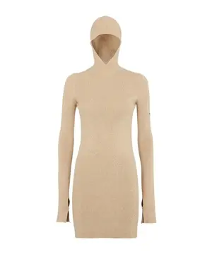 Fendi Fendi Long Sleeved Hooded Ribbed-Knit Dress Light Brown