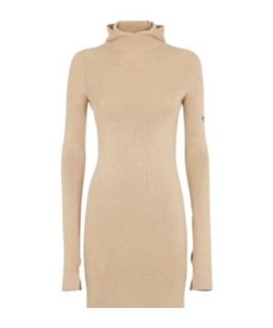 Fendi Long Sleeved Hooded Ribbed-knit Dress - Light Brown
