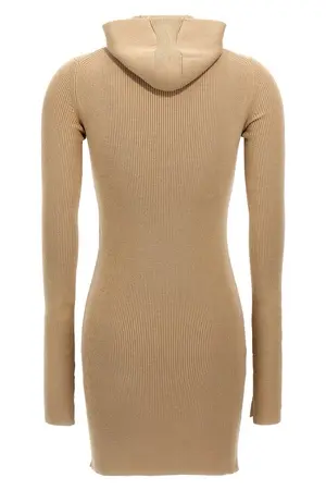 Fendi Long Sleeved Hooded Ribbed-knit Dress - Light Brown