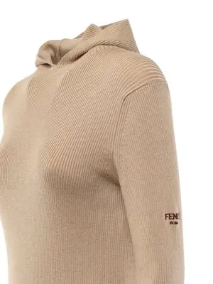 Fendi Long Sleeved Hooded Ribbed-knit Dress - Light Brown