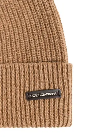 Dolce & Gabbana Ribbed Knit Beanie With Logo Patch - Brown